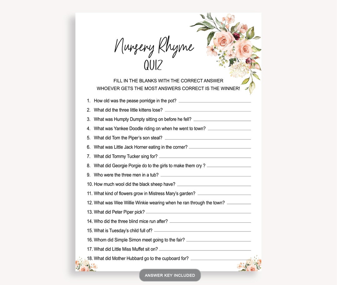 Nursery Rhymes Fill in the Blank, Nursery Rhyme Quiz, Baby Shower ...