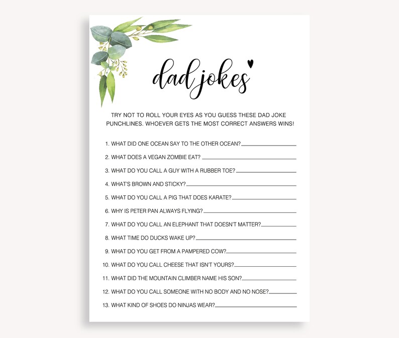 Dad Jokes Gender Neutral Baby Shower Game Simple Printable - Etsy