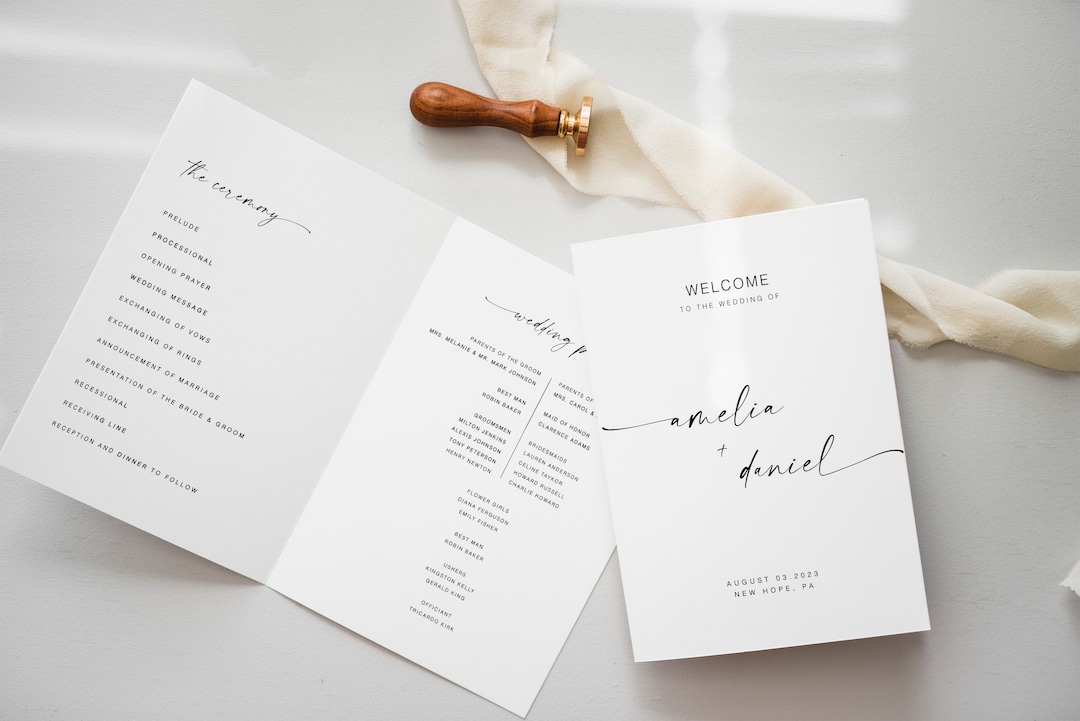 Folded Wedding Program Template, Modern Wedding Program, Minimalist ...