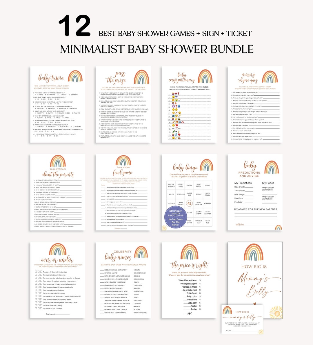 Modern Baby Shower Games Bundle, Printable Baby Party Games, Minimalist ...