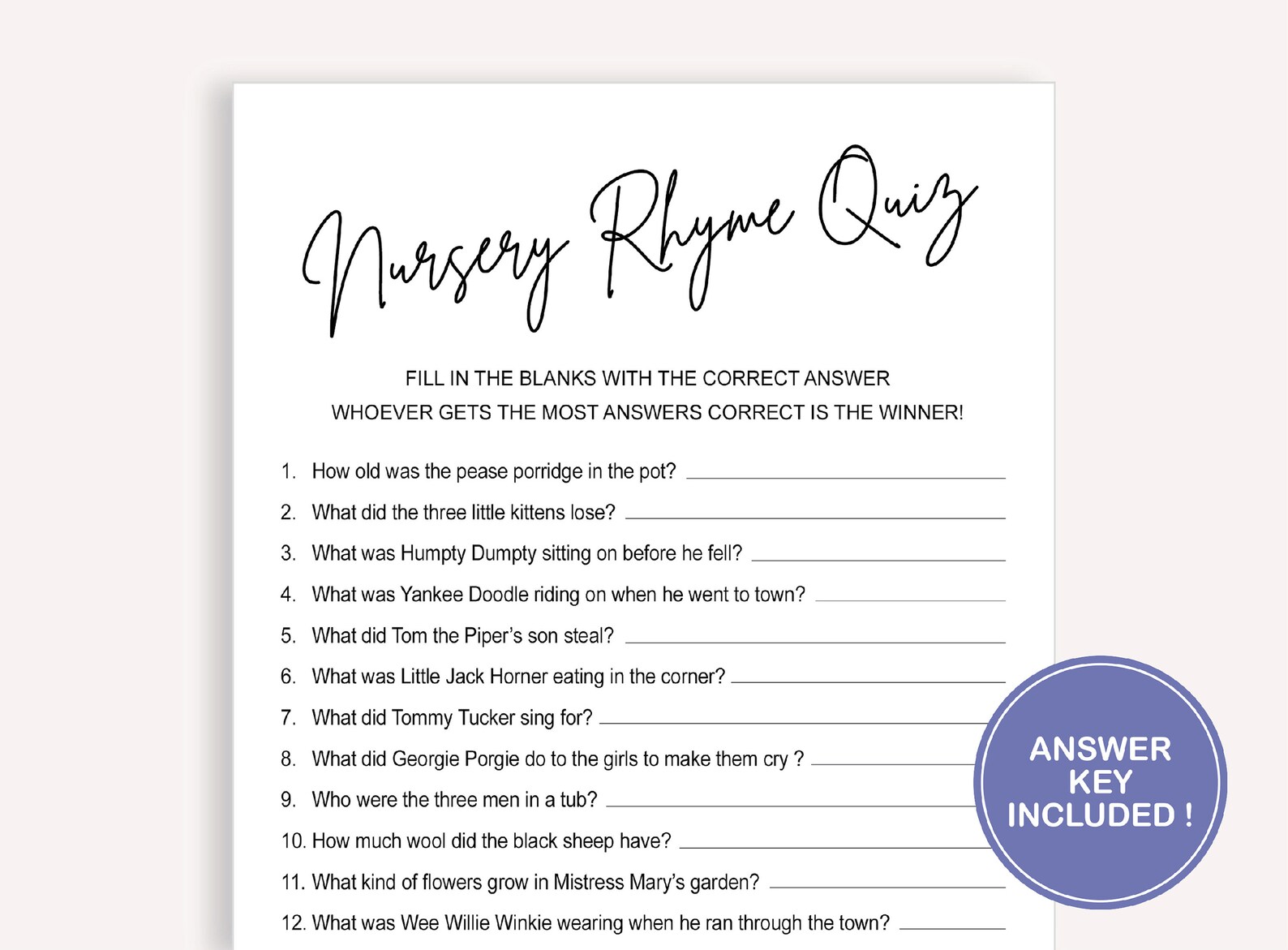 Nursery Rhyme Quiz Baby Shower Game, Nursery Rhyme Guessing Game, Guess ...