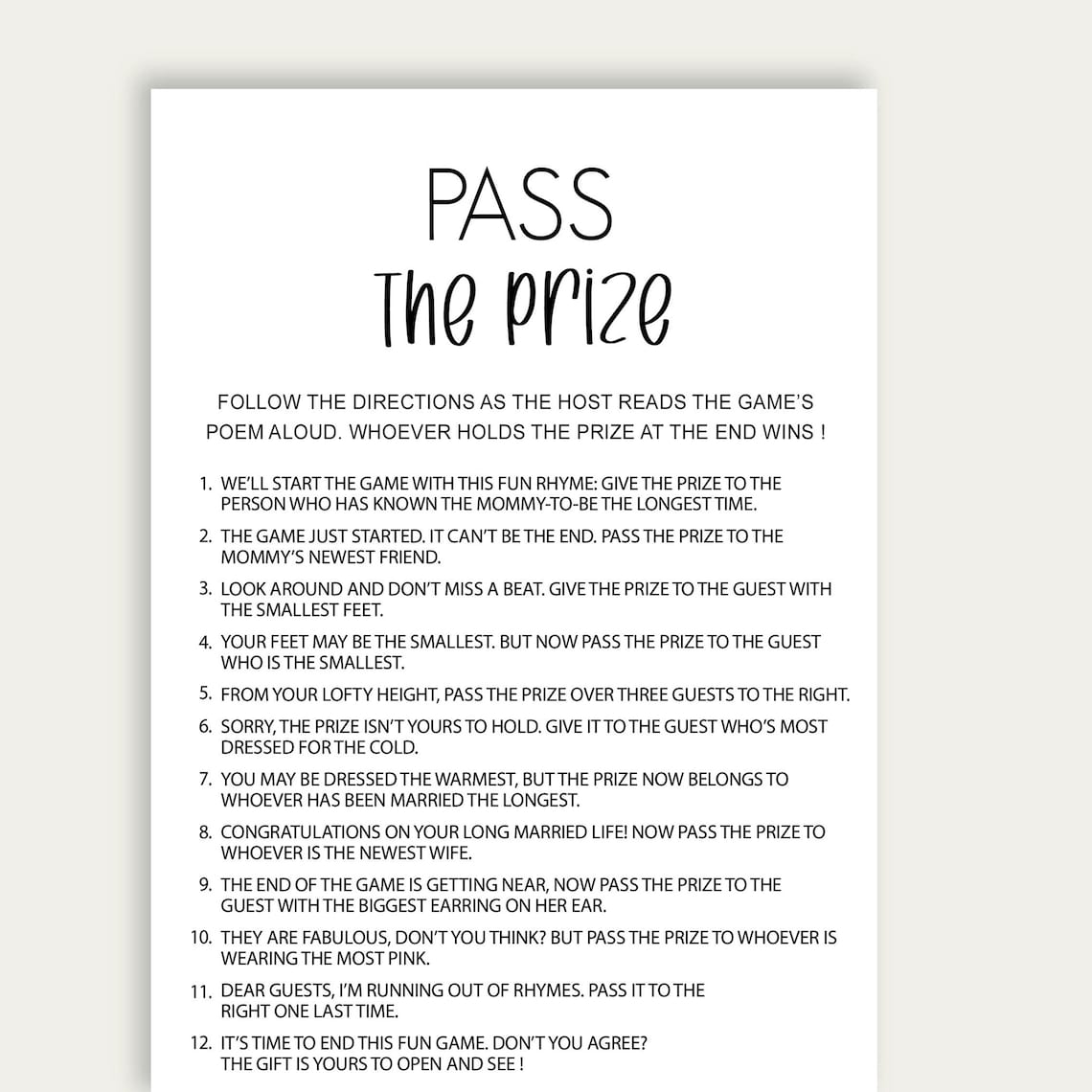 Printable Pass the Prize Game Baby Rhyme Game Pass the Poem - Etsy