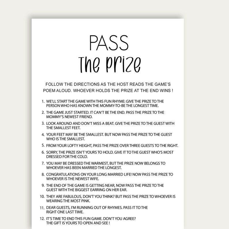 Printable Pass the Prize Game Baby Rhyme Game Pass the Poem - Etsy
