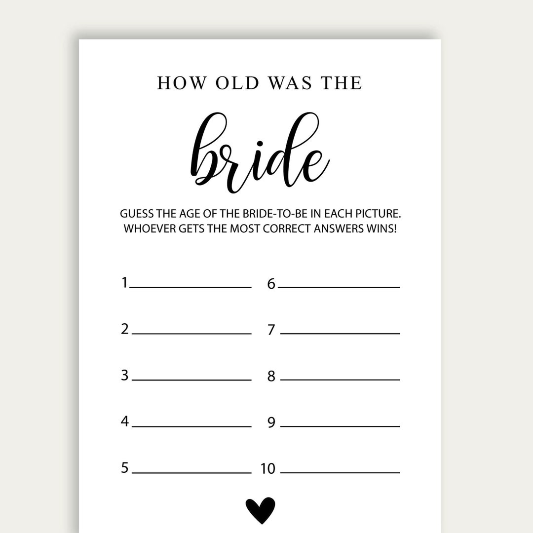 How Old Was the Bride Bridal Shower Game, Bridal Shower Game, Wedding ...