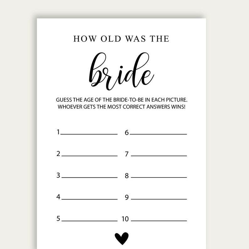 How Old Was the Bride Bridal Shower Game, Bridal Shower Game, Wedding ...
