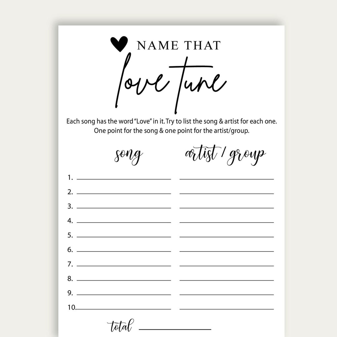 Name That Love Song Bridal Shower Games, Instant Download Bridal Shower ...