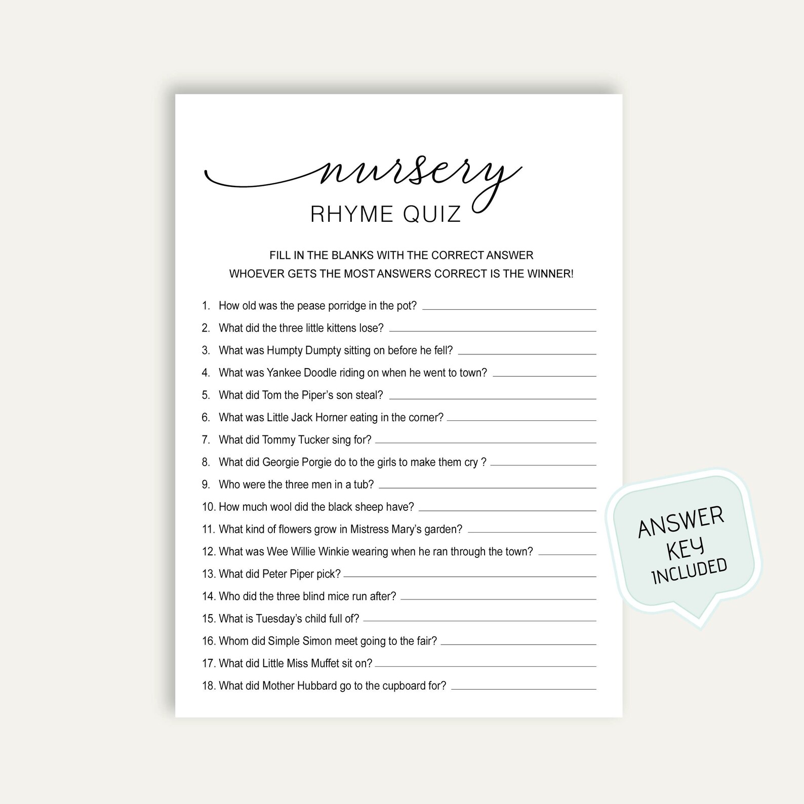 Nursery Rhyme Game Nursery Rhyme Quiz Game Guess That - Etsy
