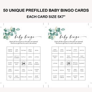 50 Unique Bingo Cards, Baby Shower Bingo Game, 50 Prefilled Baby Shower ...