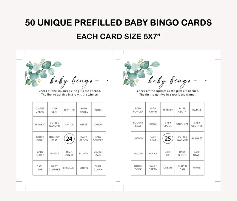 50 Unique Bingo Cards, Baby Shower Bingo Game, 50 Prefilled Baby Shower ...