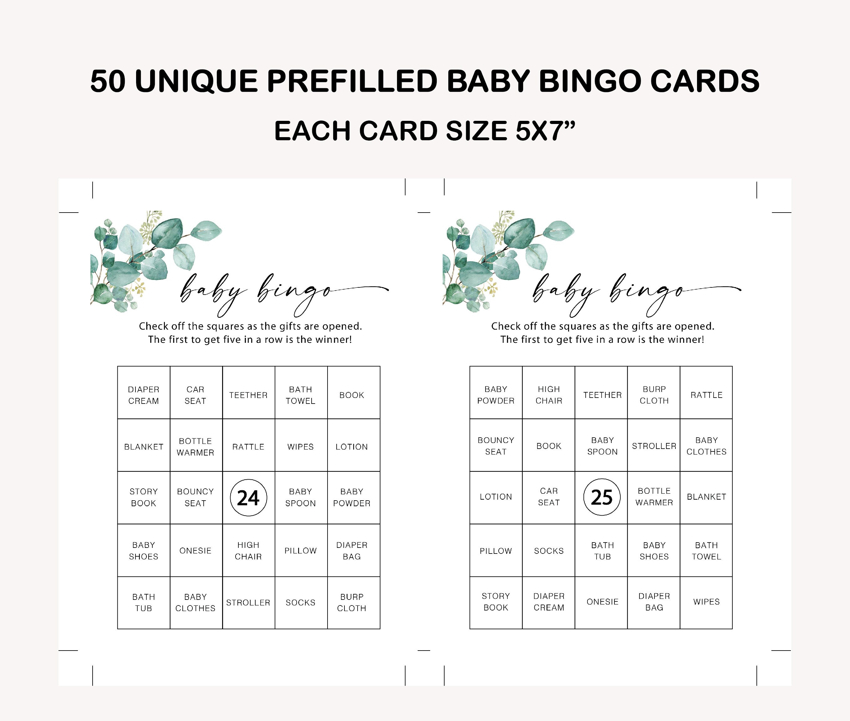 50 Unique Bingo Cards, Baby Shower Bingo Game, 50 Prefilled Baby Shower ...