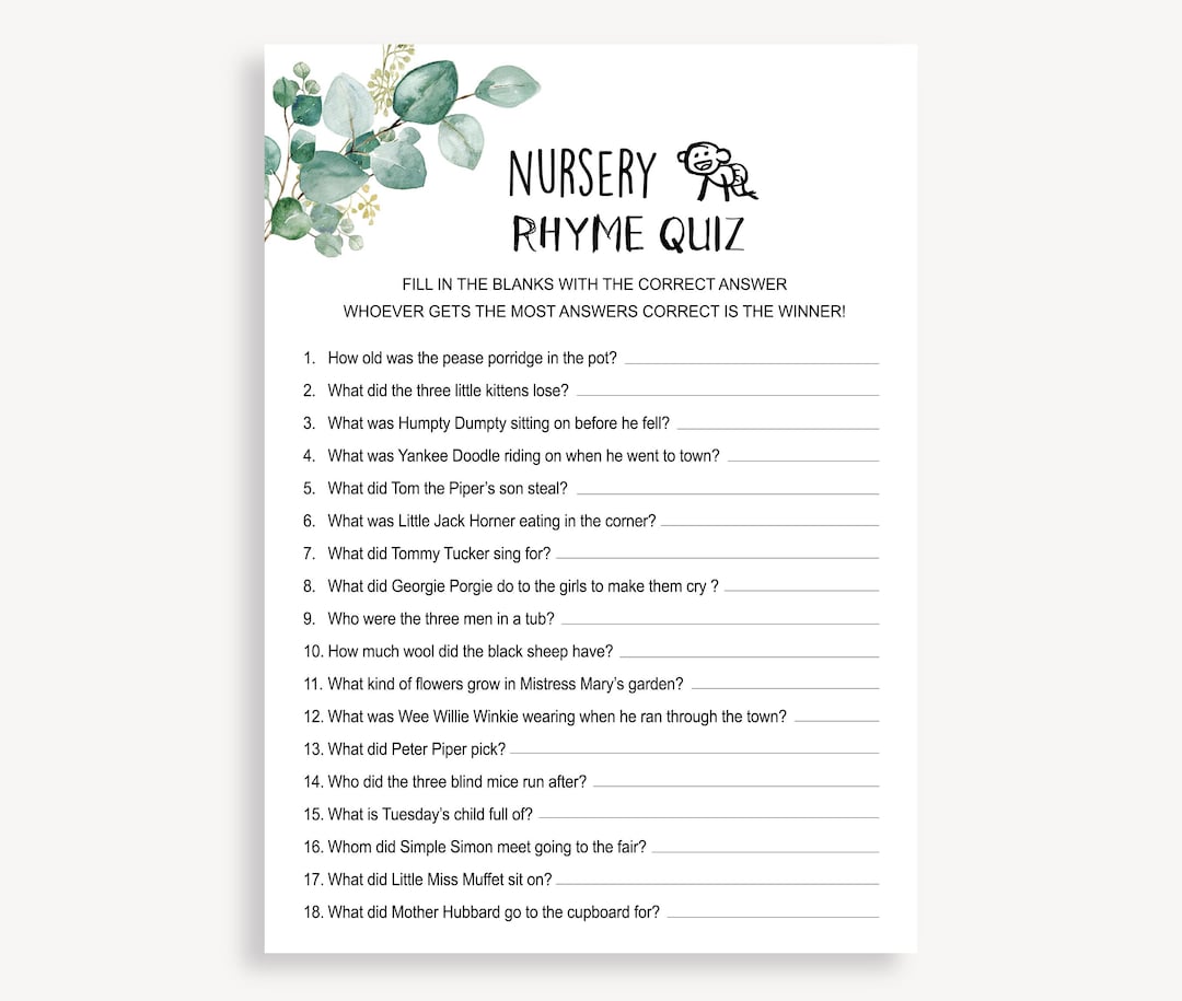 Baby Shower Nursery Rhyme Game, Digital Nursery Rhyme Game, Fill in the ...