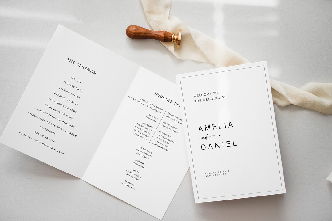 Minimalist Foldable Wedding Program Template, Modern Folded Wedding Program Template, Modern ...