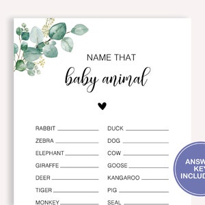 Baby Animal Baby Shower Game, Printable Name That Baby Game, Name the ...