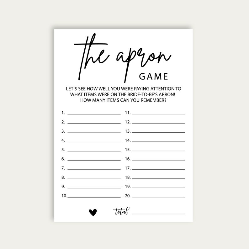 The Apron Game, Bridal Shower Memory Game, Bridal Shower Activity Games ...