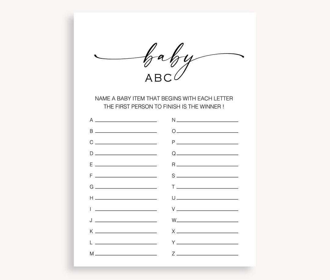 Gender Neutral Baby Shower Game, Baby Shower Game, Baby Item Alphabet ...