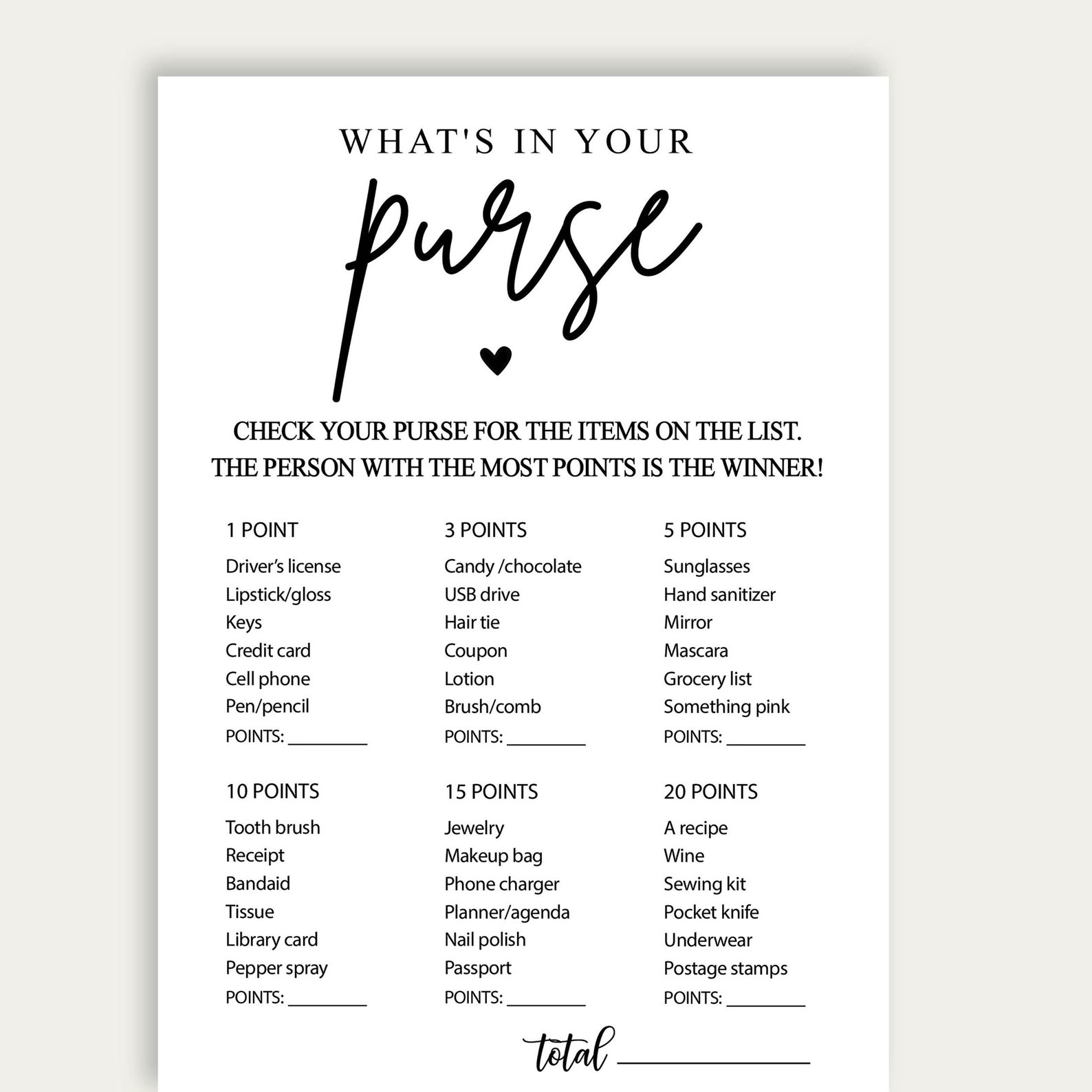 Whats in Your Purse Game Instant Download, Printable Bridal Shower ...