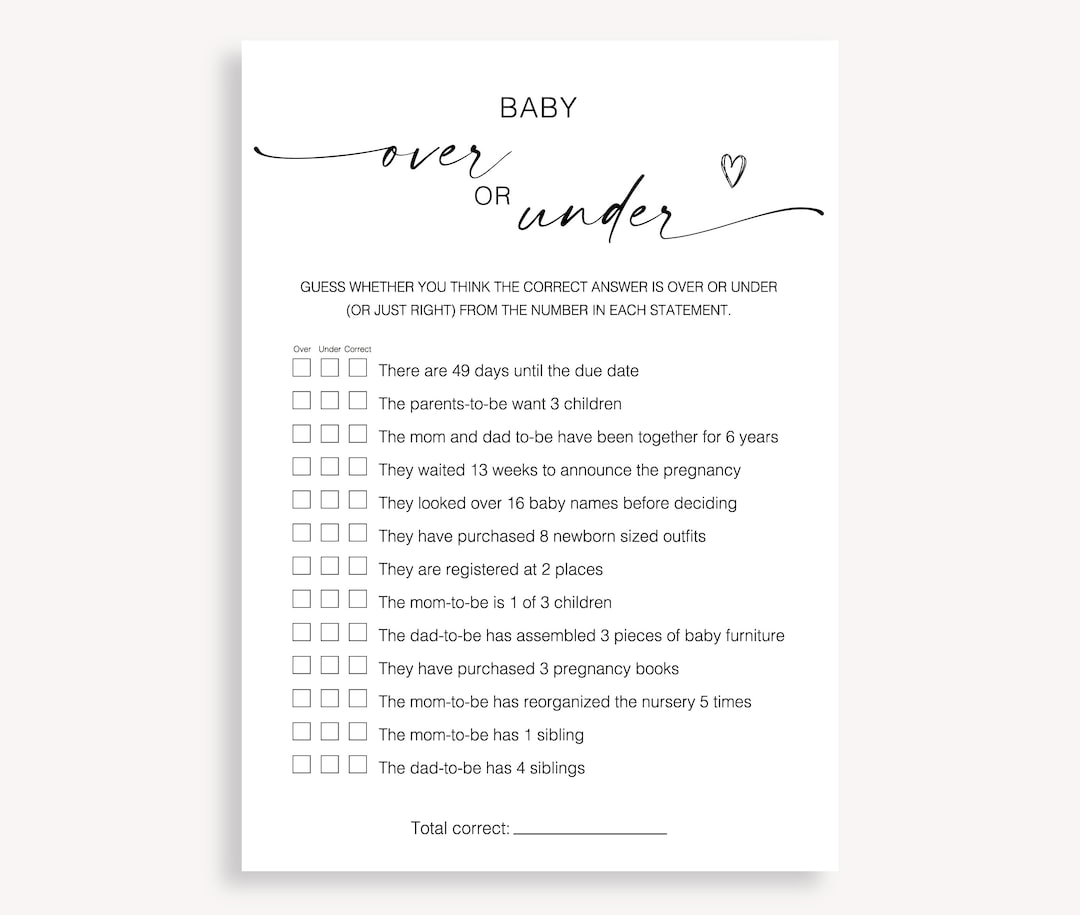 Over or Under Baby Shower Game, Modern Baby Shower, Printable ...