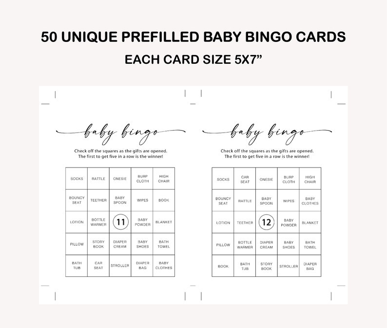 50 Unique Bingo Cards Baby Shower Bingo Game 50 Prefilled - Etsy UK