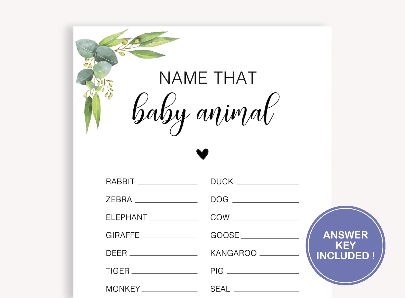 Baby Animal Baby Shower Game Instant Download Printable Name - Etsy