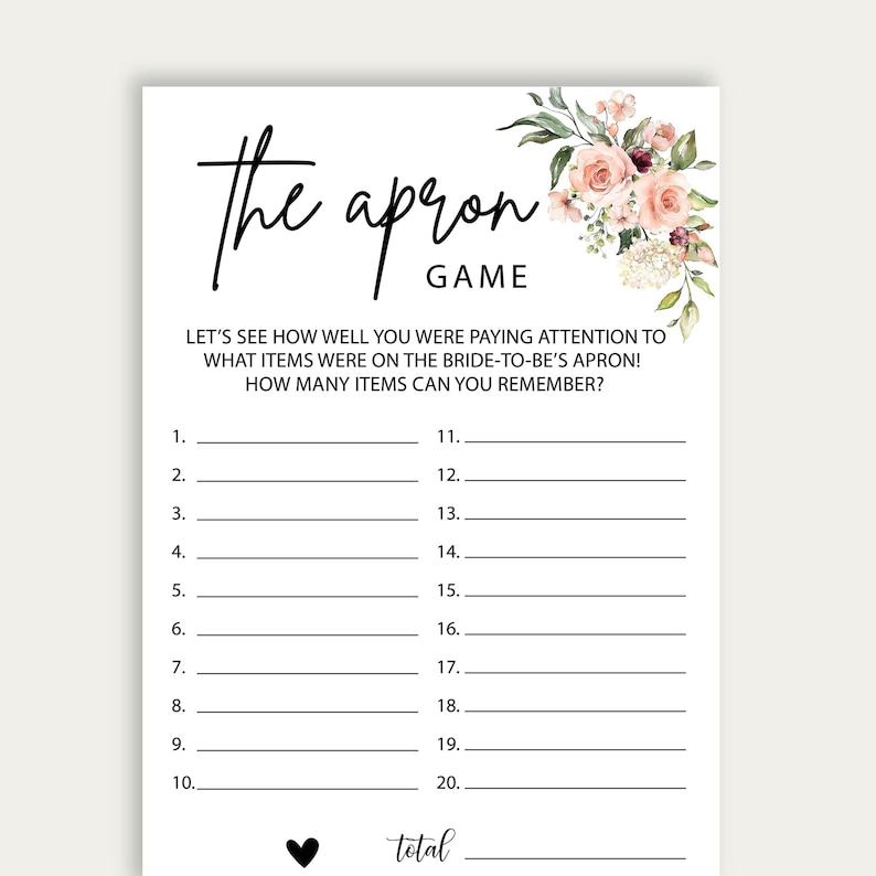 The Apron Game, Bridal Shower Apron Memory Game, Ready to Print the ...