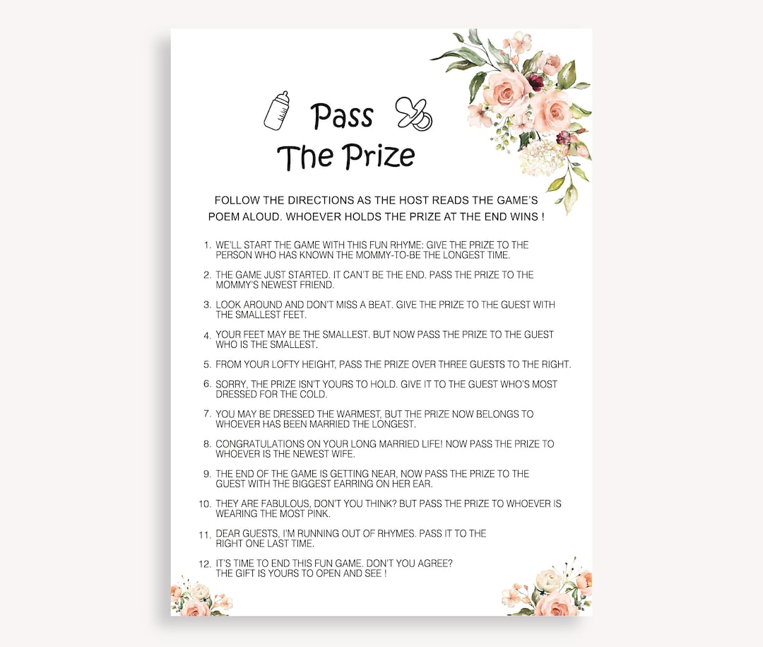 Fun Pass the Prize Game, Printable Pass the Poem, Floral Baby Shower ...