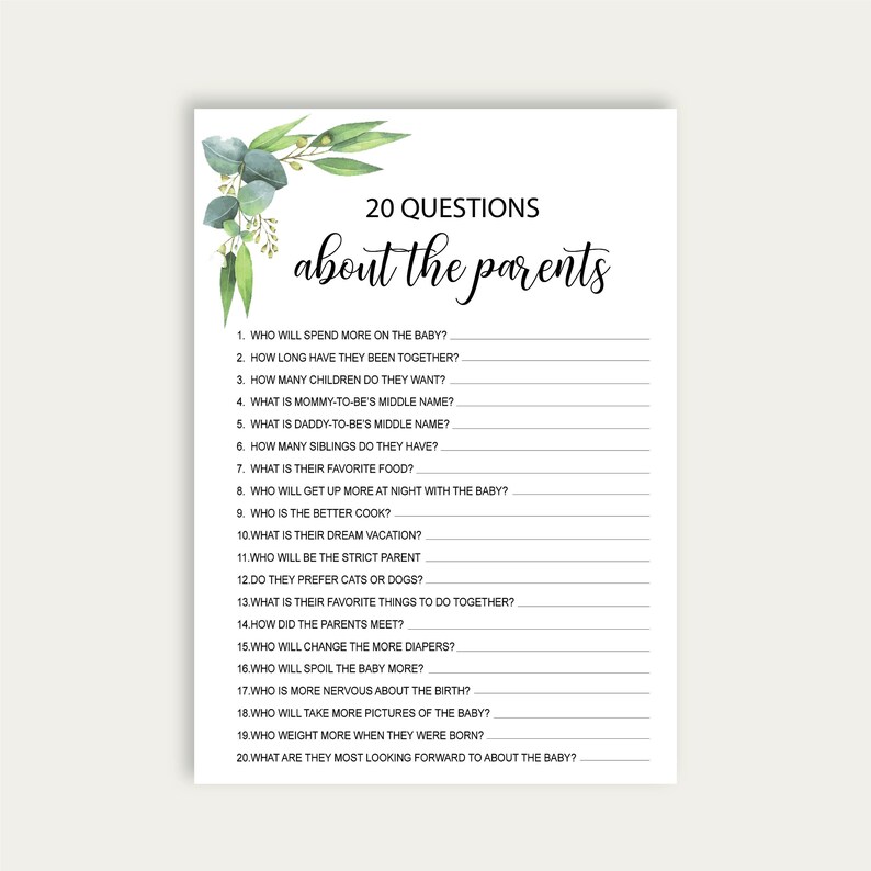 20 Questions About the Parents Baby Shower Game Who Knows - Etsy