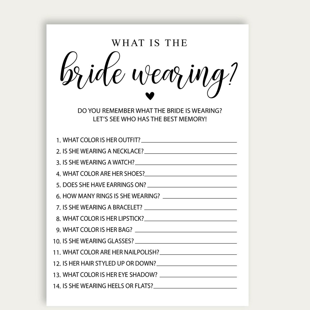 What is the Bride Wearing Memory Bridal Shower Game, Bridal Shower Game ...