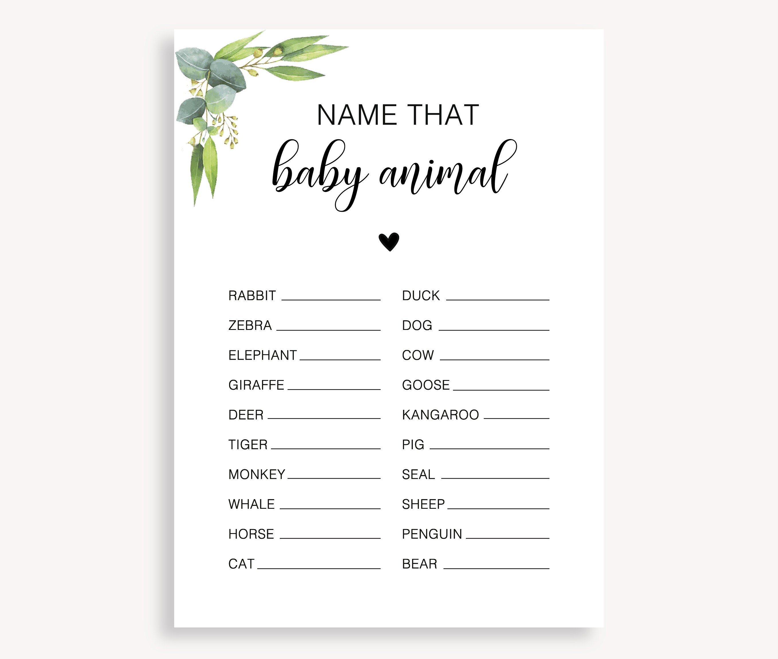Baby Animal Baby Shower Game Instant Download Printable Name - Etsy