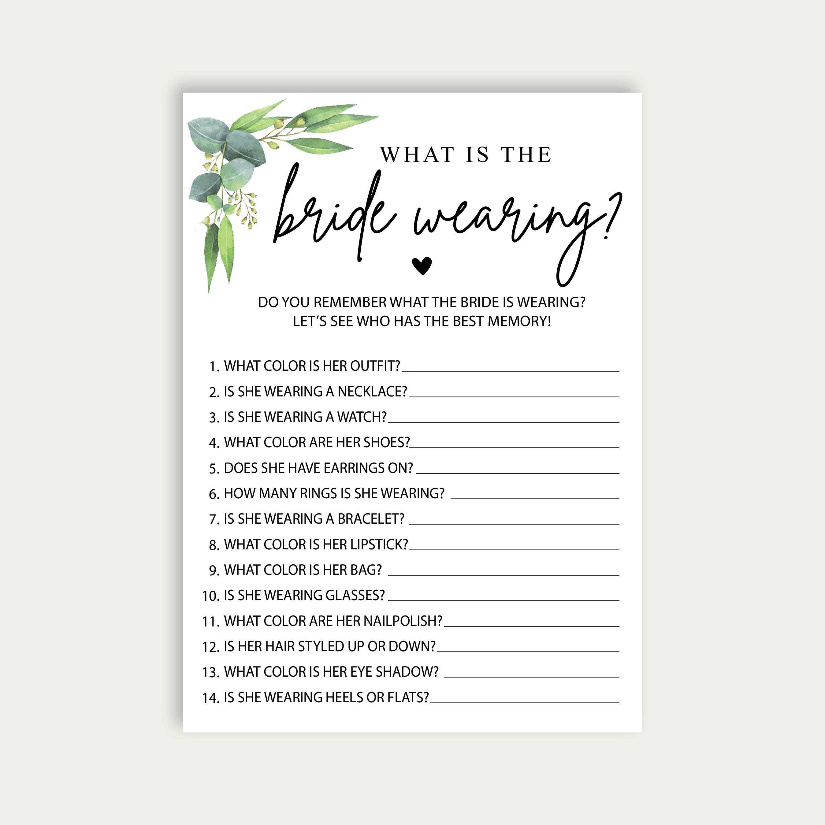 What is the Bride Wearing Bridal Shower Game, What Color is Bride ...