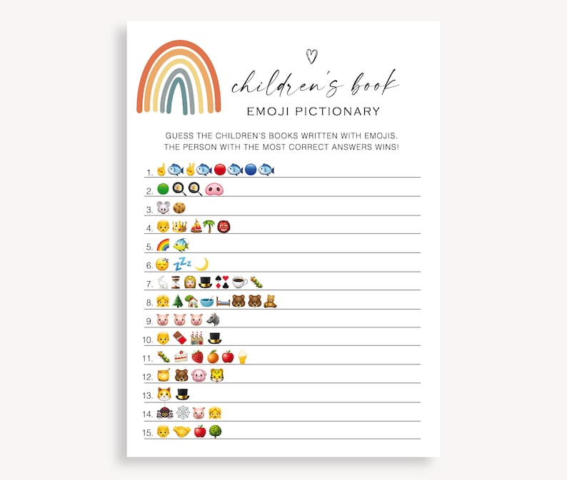 Children's Book Emoji Pictionary Game, Minimalist Baby Shower Game ...
