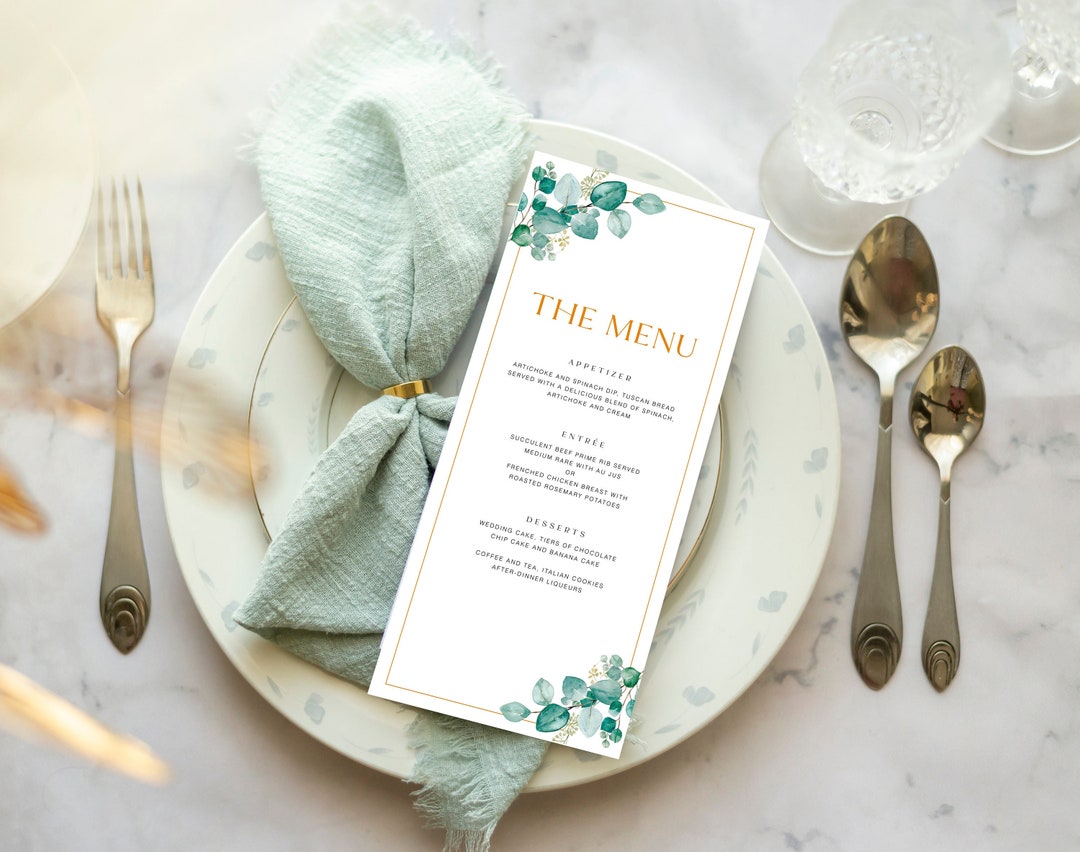 Green Wedding Menu Template, Botanical Dinner Menu, Modern Wedding Menu ...