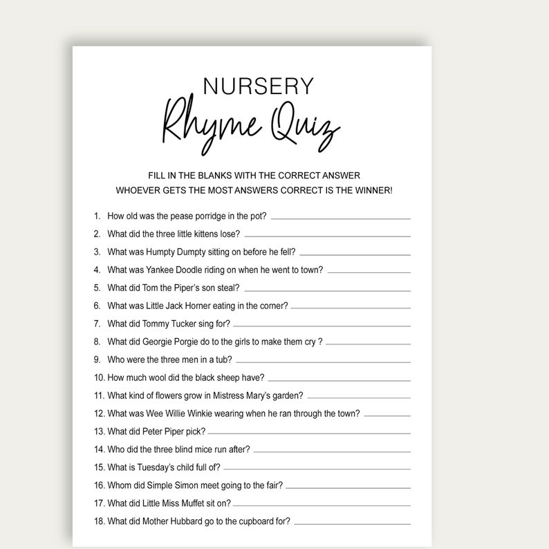 Nursery Rhyme Quiz Baby Shower Game Nursery Rhymes Game Fun - Etsy