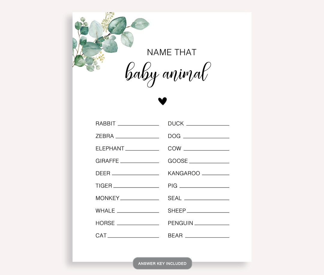Baby Animal Baby Shower Game, Printable Name That Baby Game, Name the ...