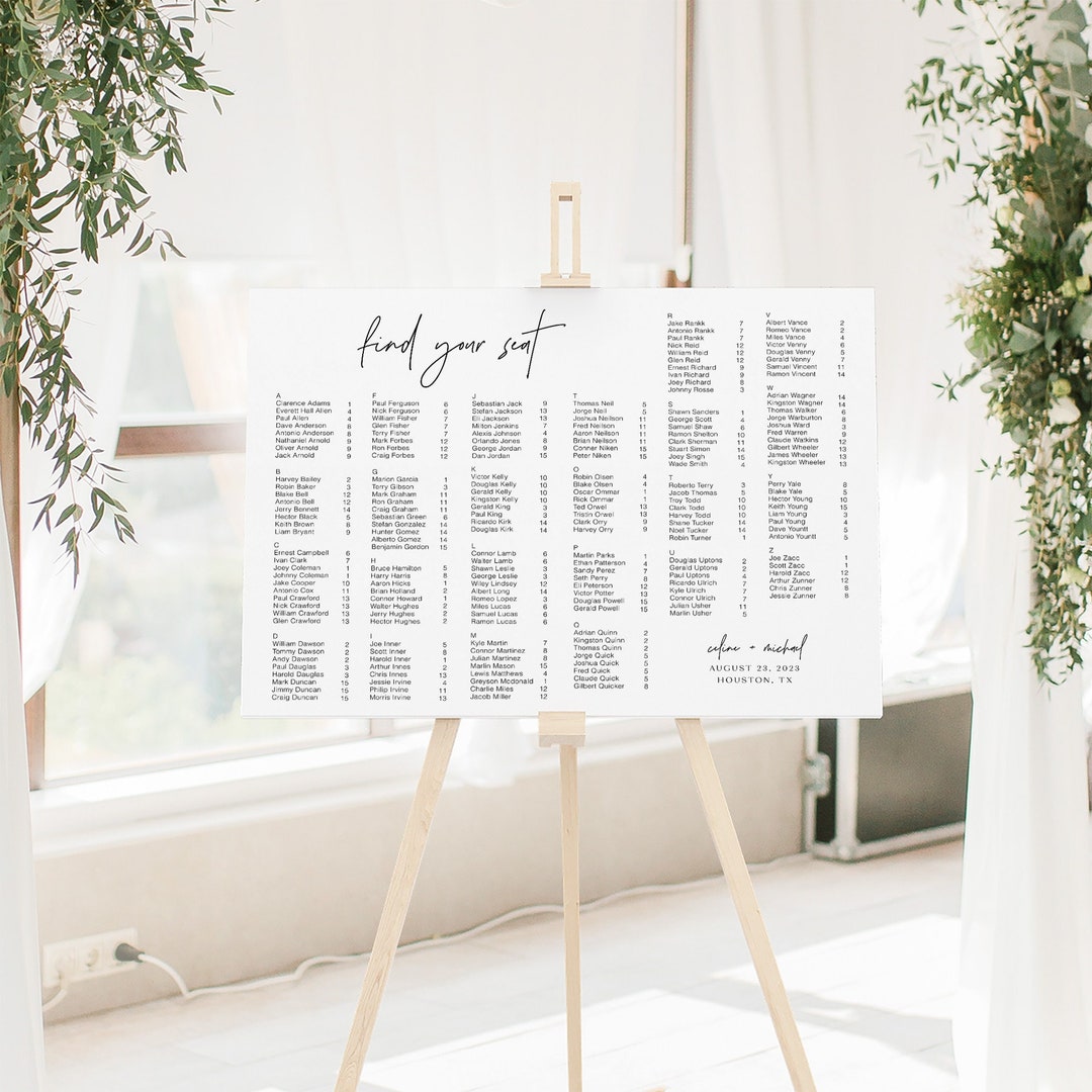 Alphabetical Seating Chart Poster, Minimal Wedding Seating Chart Poster ...