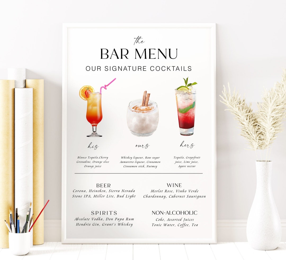 Printable Bar Menu Template, Signature Cocktails Sign, Modern Signature ...
