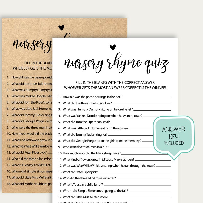 Nursery Rhyme Quiz Baby Shower Game Nursery Rhymes Game - Etsy