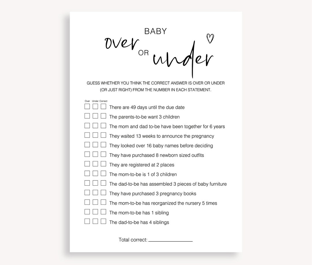 Printable Minimalist Baby Shower Game, Over or Under Trivia Game, Over ...