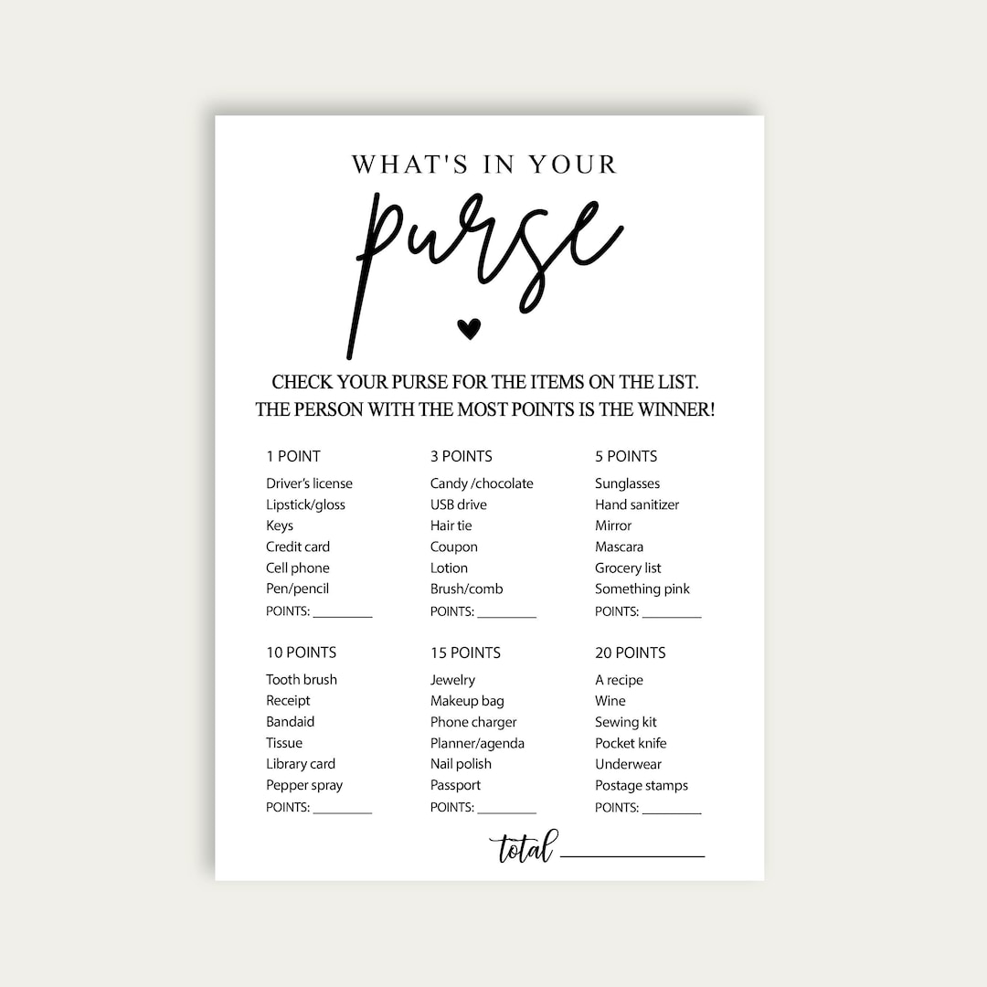 Whats in Your Purse Game Instant Download, Printable Bridal Shower ...