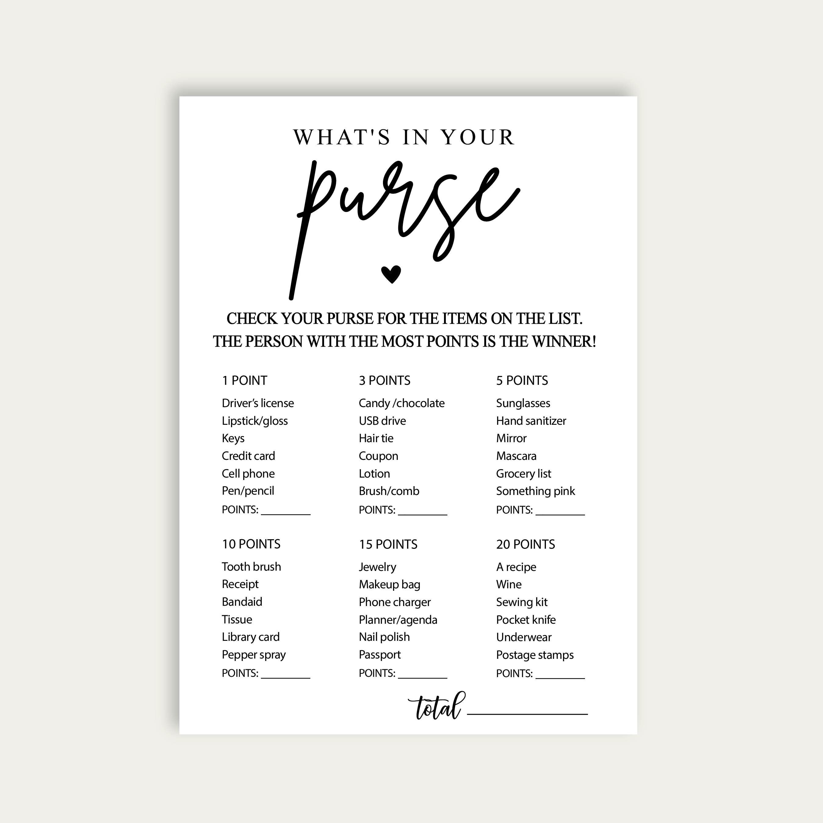 Whats in Your Purse Game Instant Download, Printable Bridal Shower ...