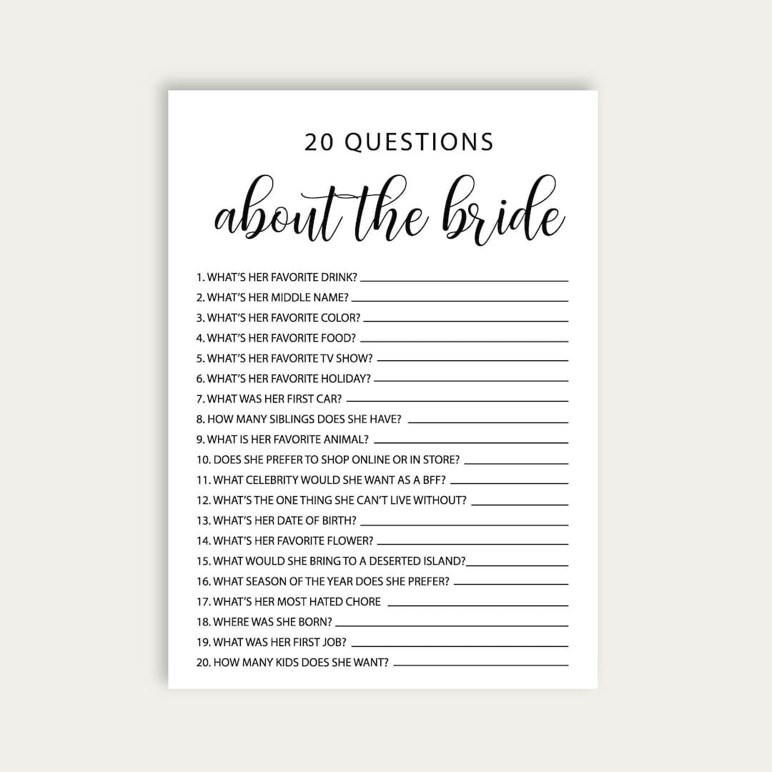 20 Questions About the Bride Bridal Shower Game, Minimal Bridal Shower ...