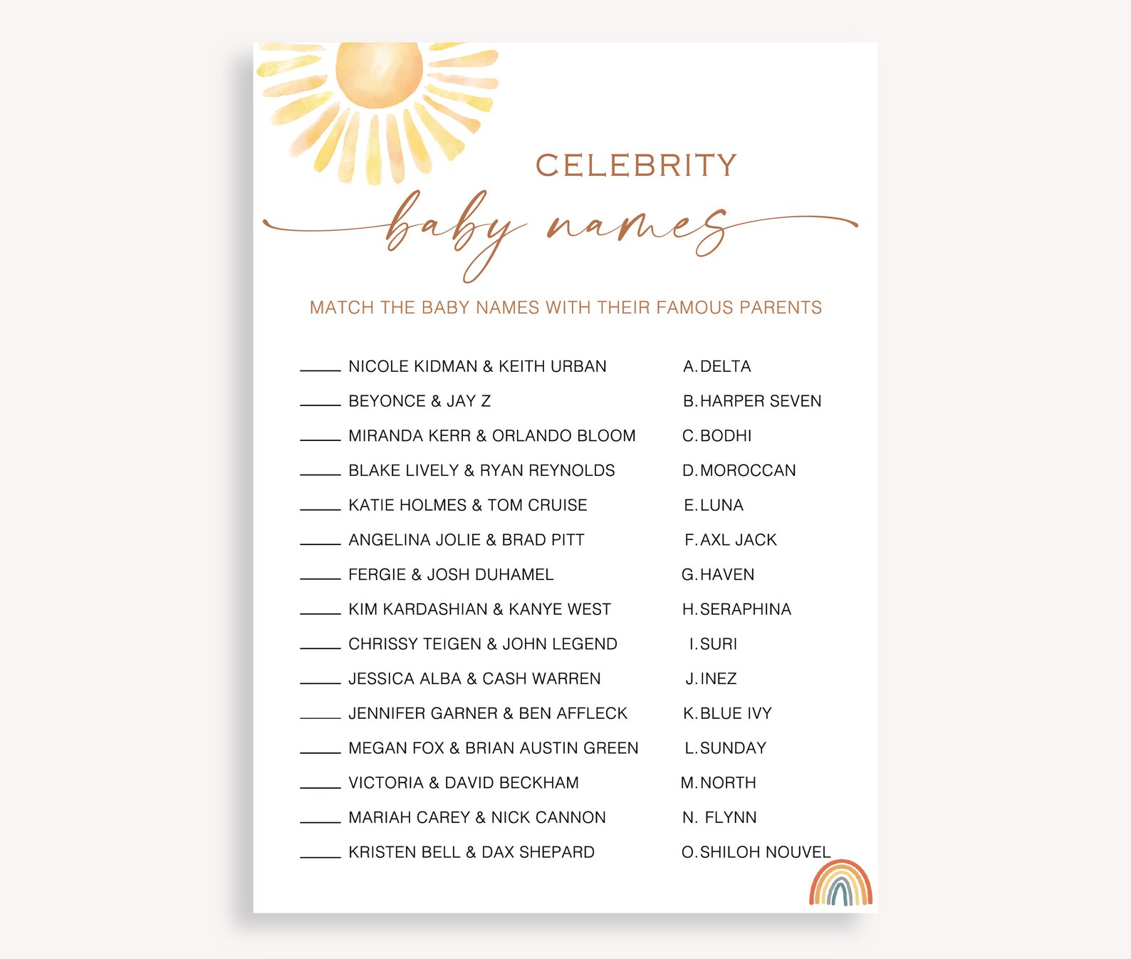 Baby Shower Celebrity Match, Baby Name Match Game, Sun Shower Celebrity ...
