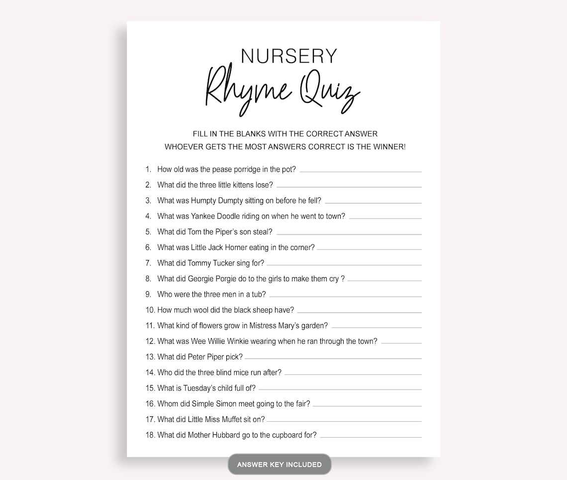 Nursery Rhyme Quiz Baby Shower Game, Nursery Rhymes Game, Fun Baby ...