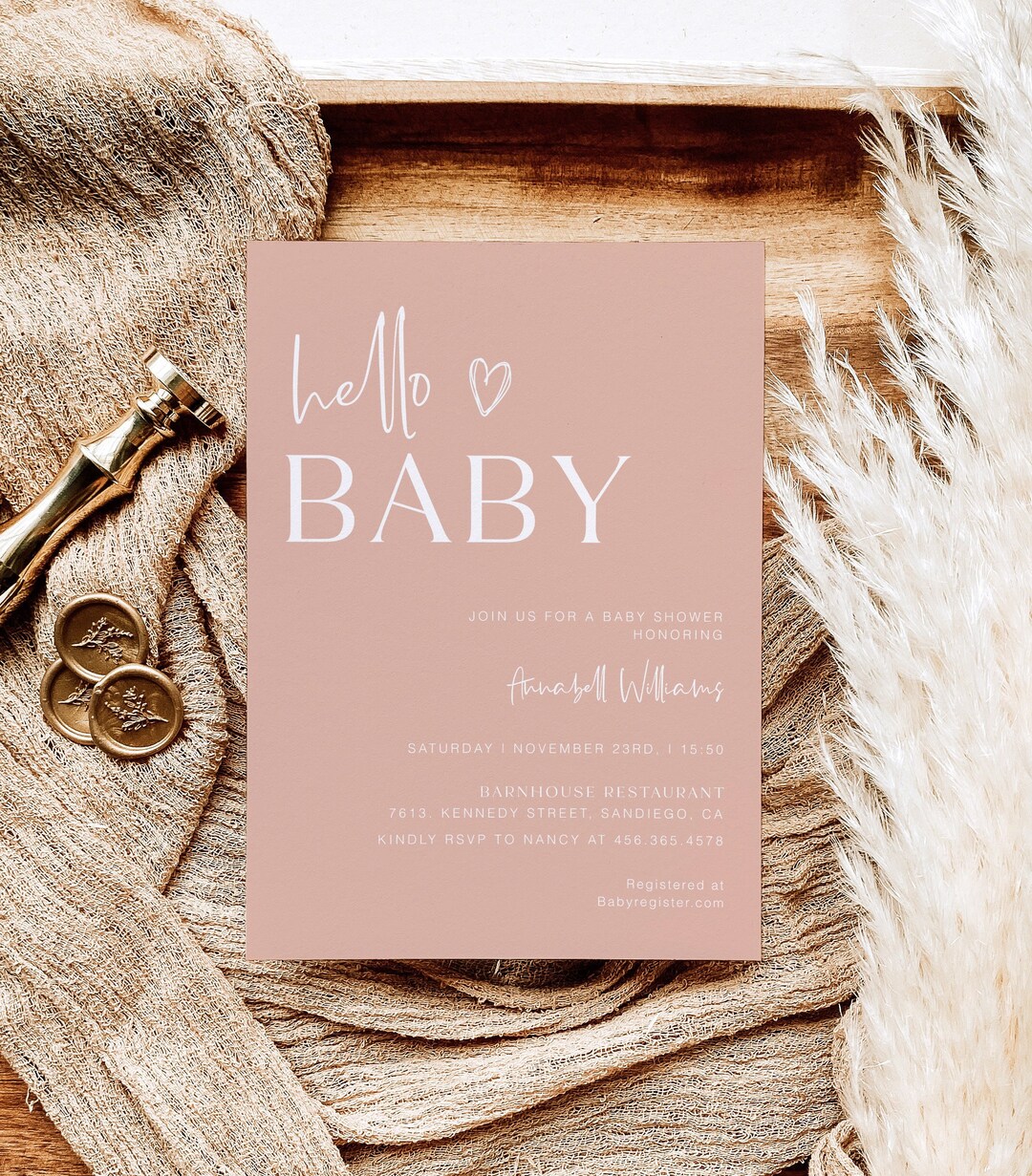 Pink Baby Shower Invitation, Boho Gender Neutral Shower, Pink Blush ...