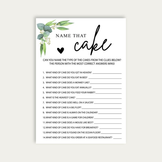 Guess the Cake Name That Cake Bridal Shower Games Greenery - Etsy