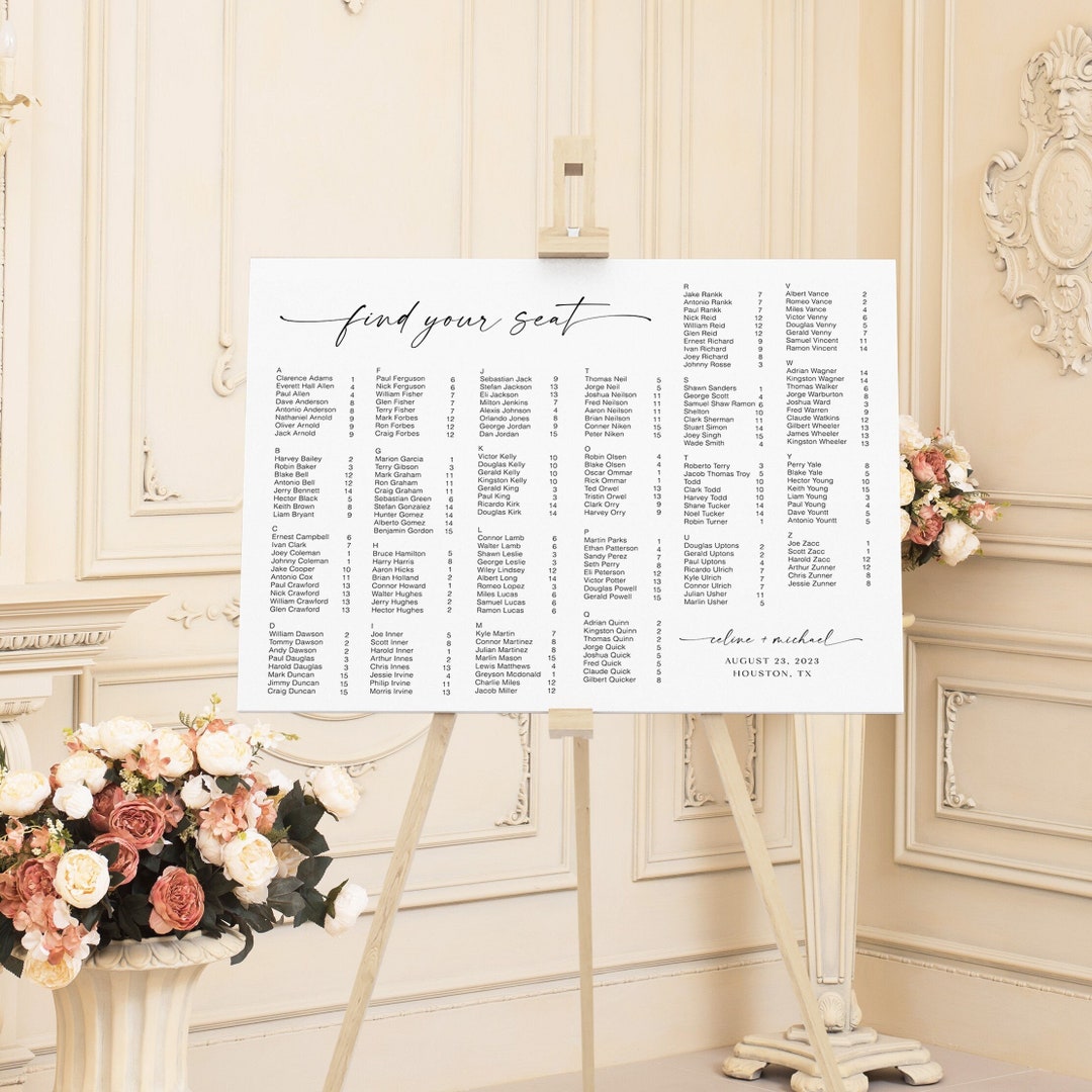 Alphabetical Seating Chart Sign, Find Your Seat Sign, Alphabetical ...