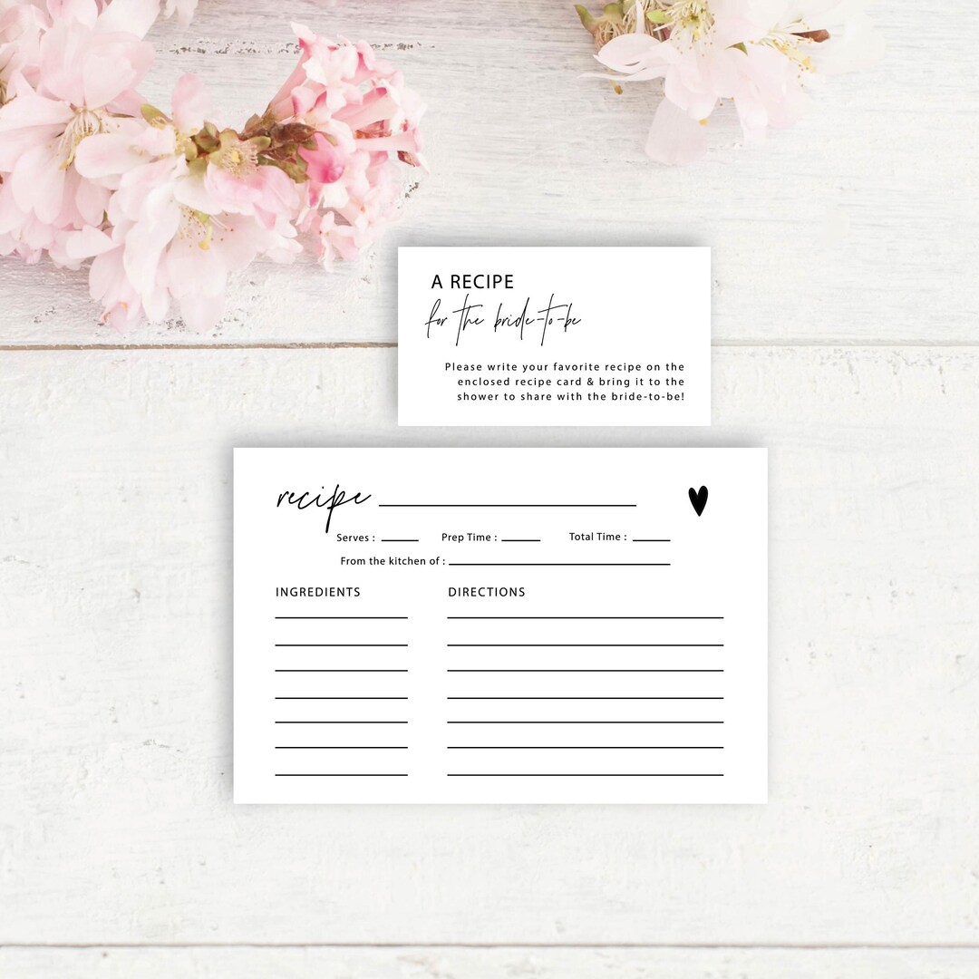 Minimalist Recipe Card, Bridal Shower Recipe Cards Insert, Bridal ...