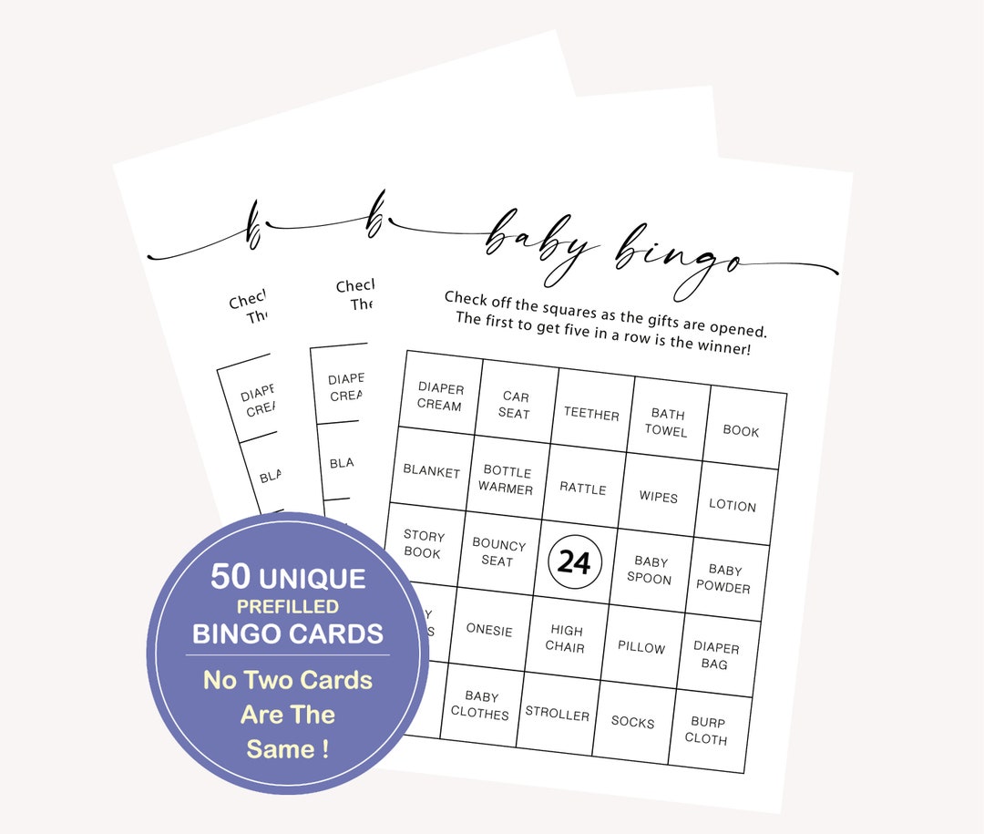 50 Unique Bingo Cards, Baby Shower Bingo Game, 50 Prefilled Baby Shower ...