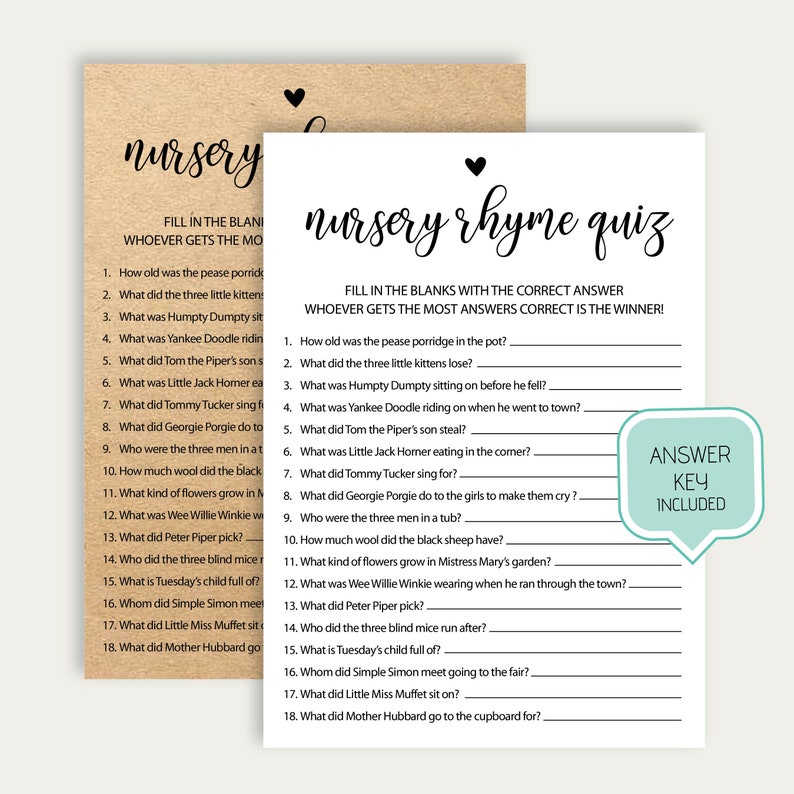 Nursery Rhyme Quiz Baby Shower Game Nursery Rhymes Game - Etsy