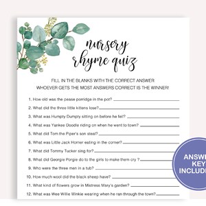 Printable Nursery Rhyme Baby Shower Game, Nursery Rhyme Quiz Game ...