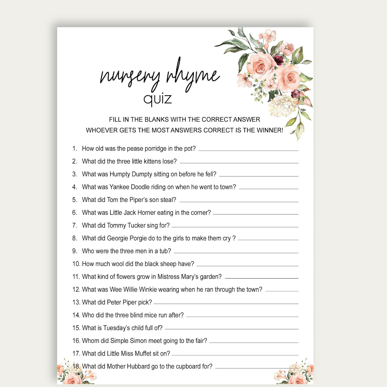 Nursery Rhymes Fill in the Blank Nursery Rhyme Quiz Baby - Etsy